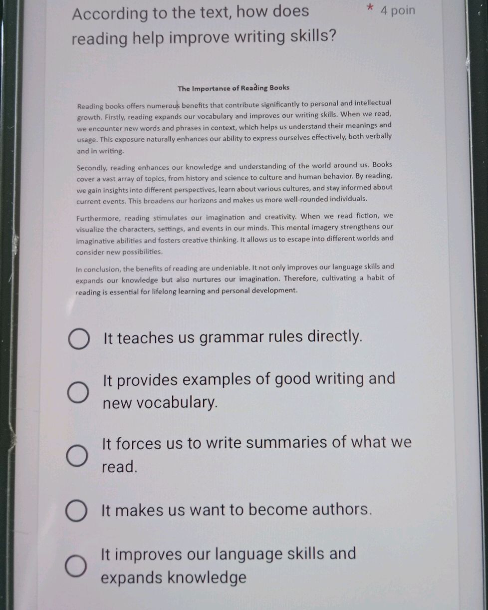 According to the text, how does reading help | StudyX