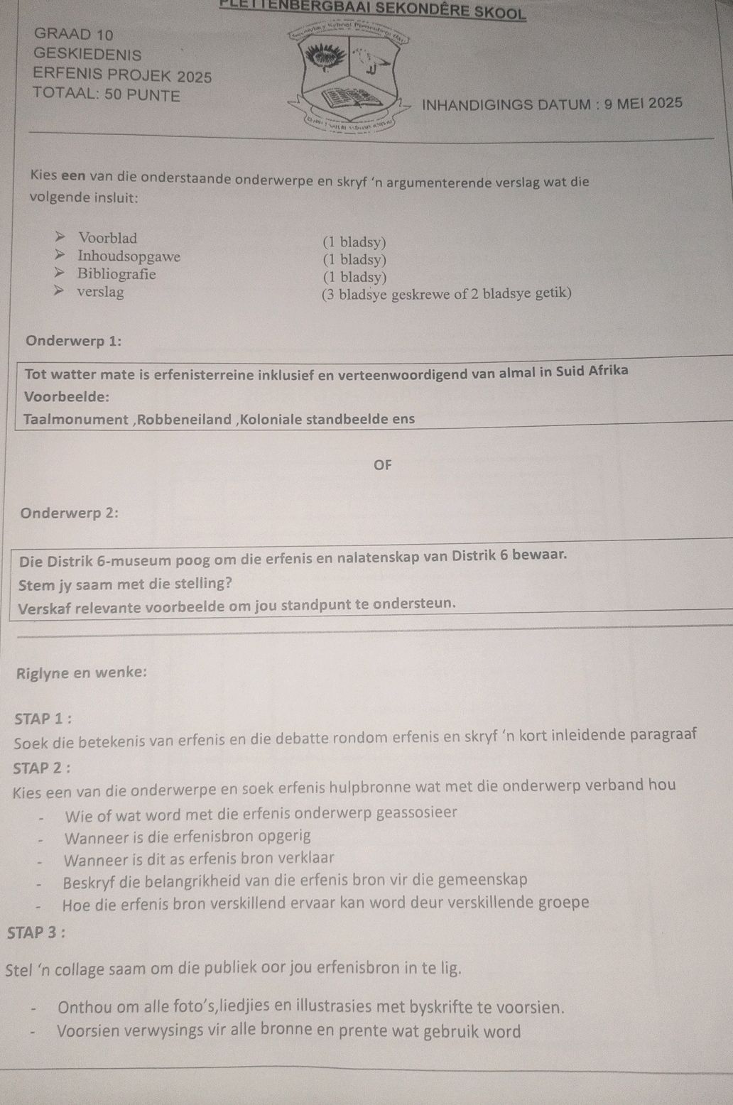 Kies een van die onderstaande onderwerpe en | StudyX