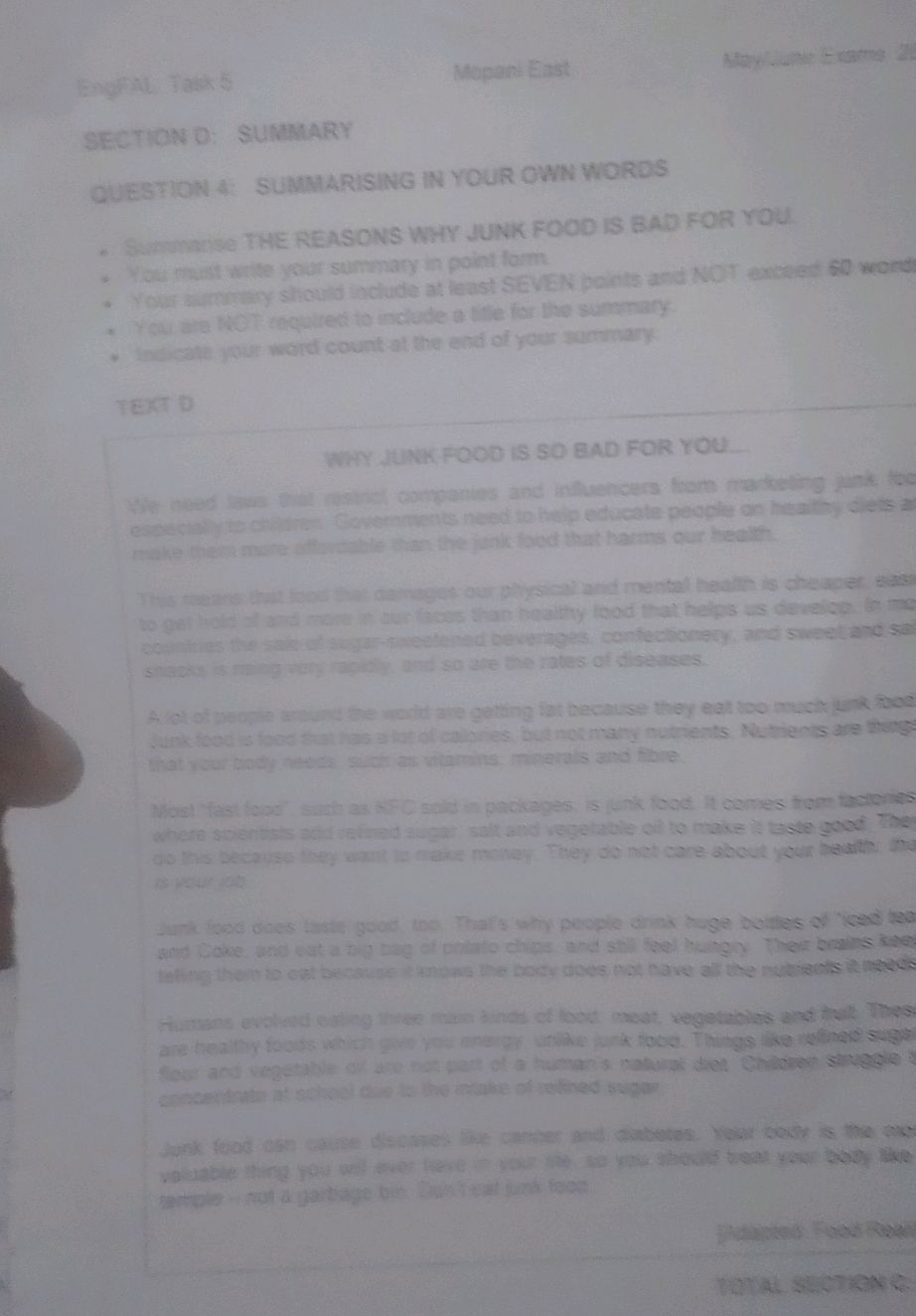 QUESTION 4: SUMMARISING IN YOUR OWN WORDS * | StudyX