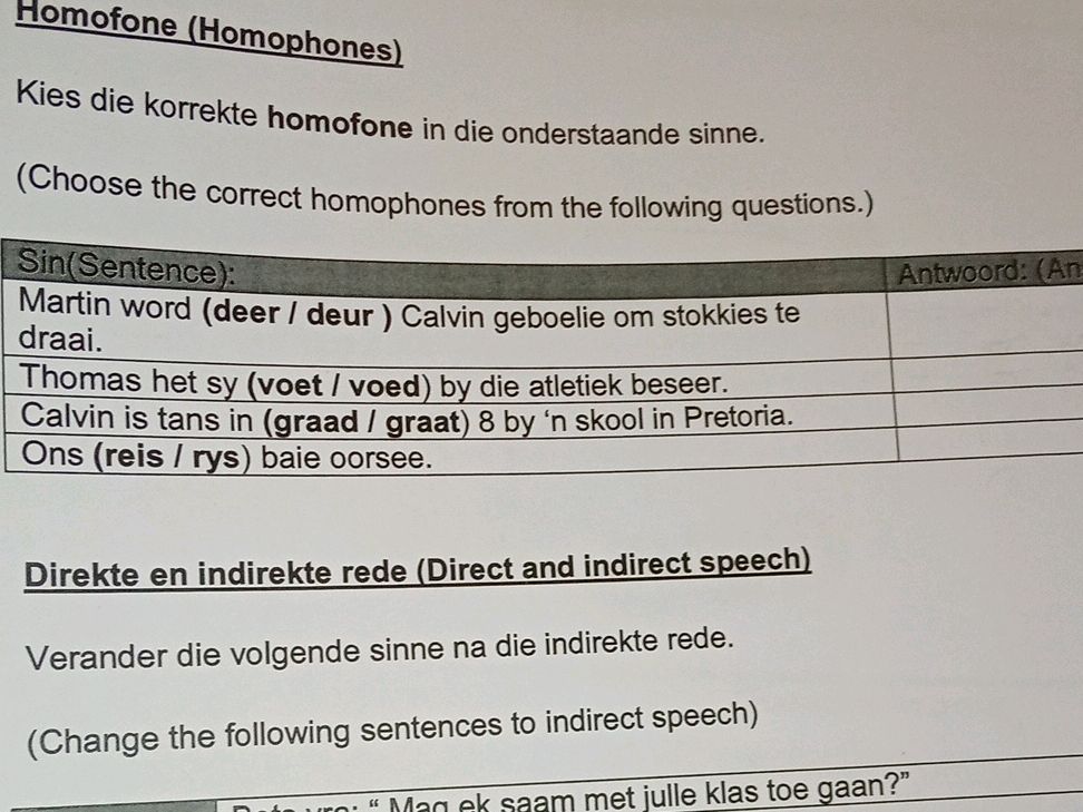 Kies die korrekte homofone in die | StudyX