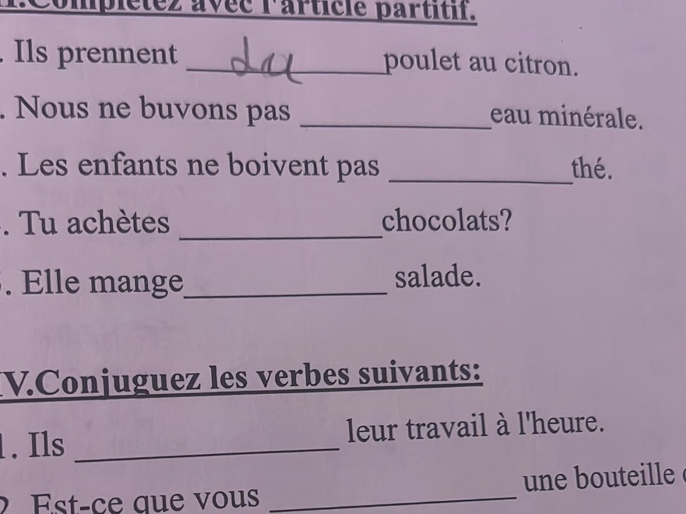 I. Complétez avec l'article partitif. 1. | StudyX
