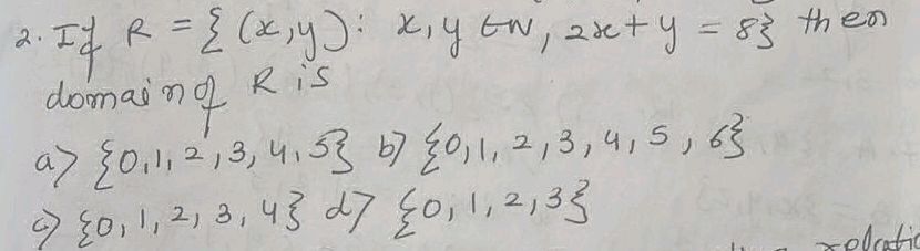 2. If R = {(x,y): x, y ∈ W, 2x + y = 8} then | StudyX