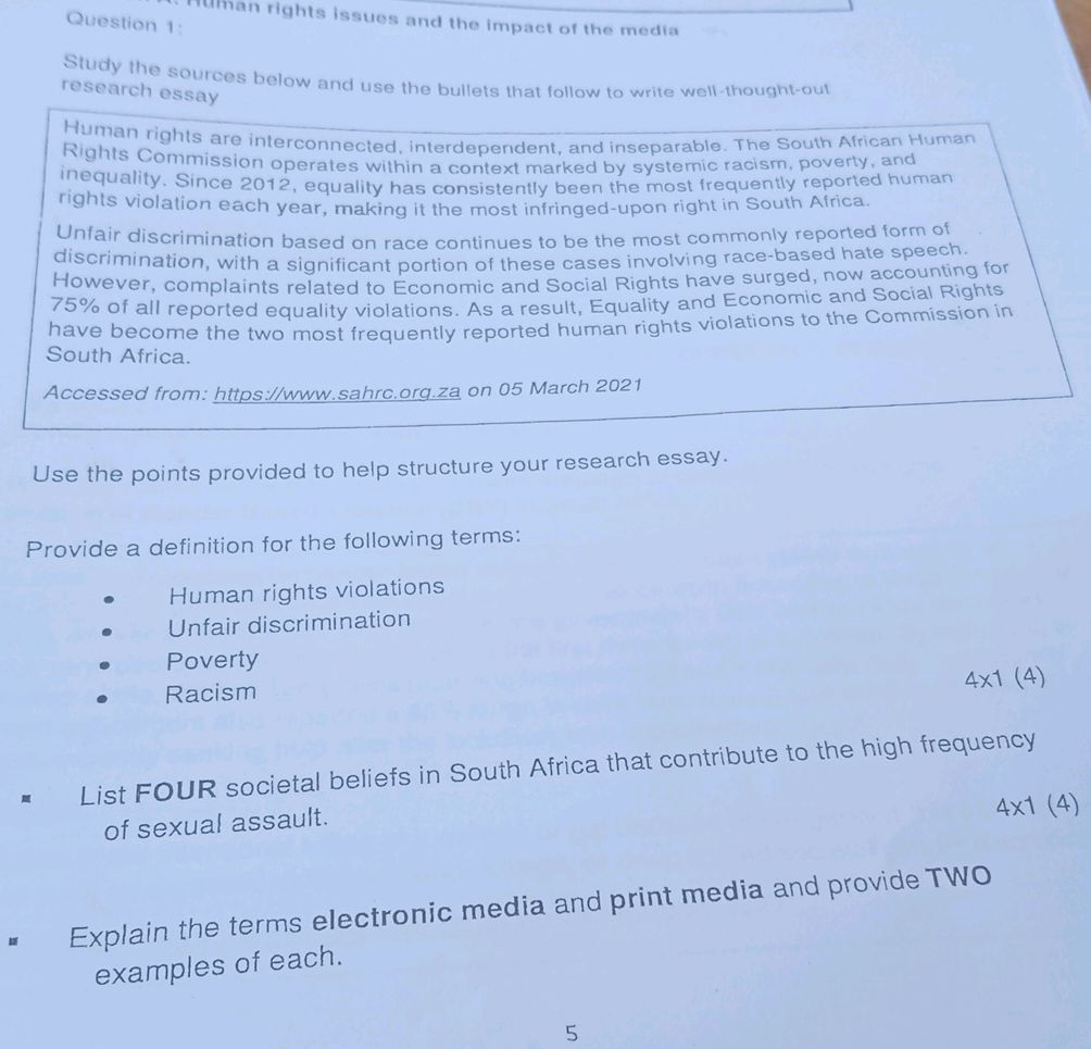 Question 1: Human rights issues and the | StudyX