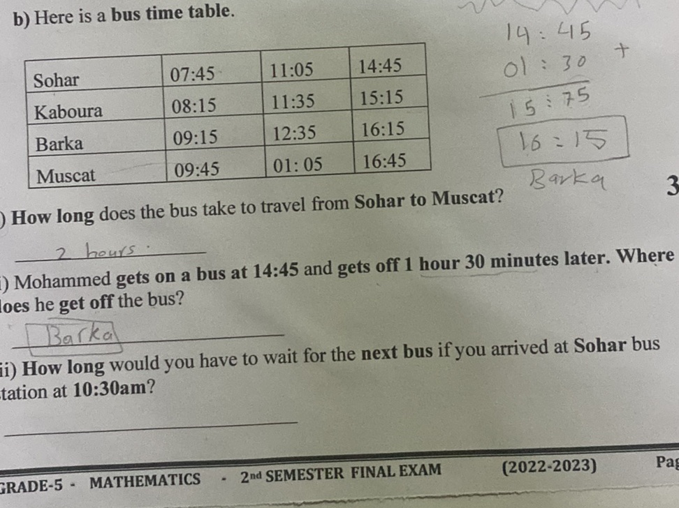 b) Here is a bus time table. | Sohar | | StudyX