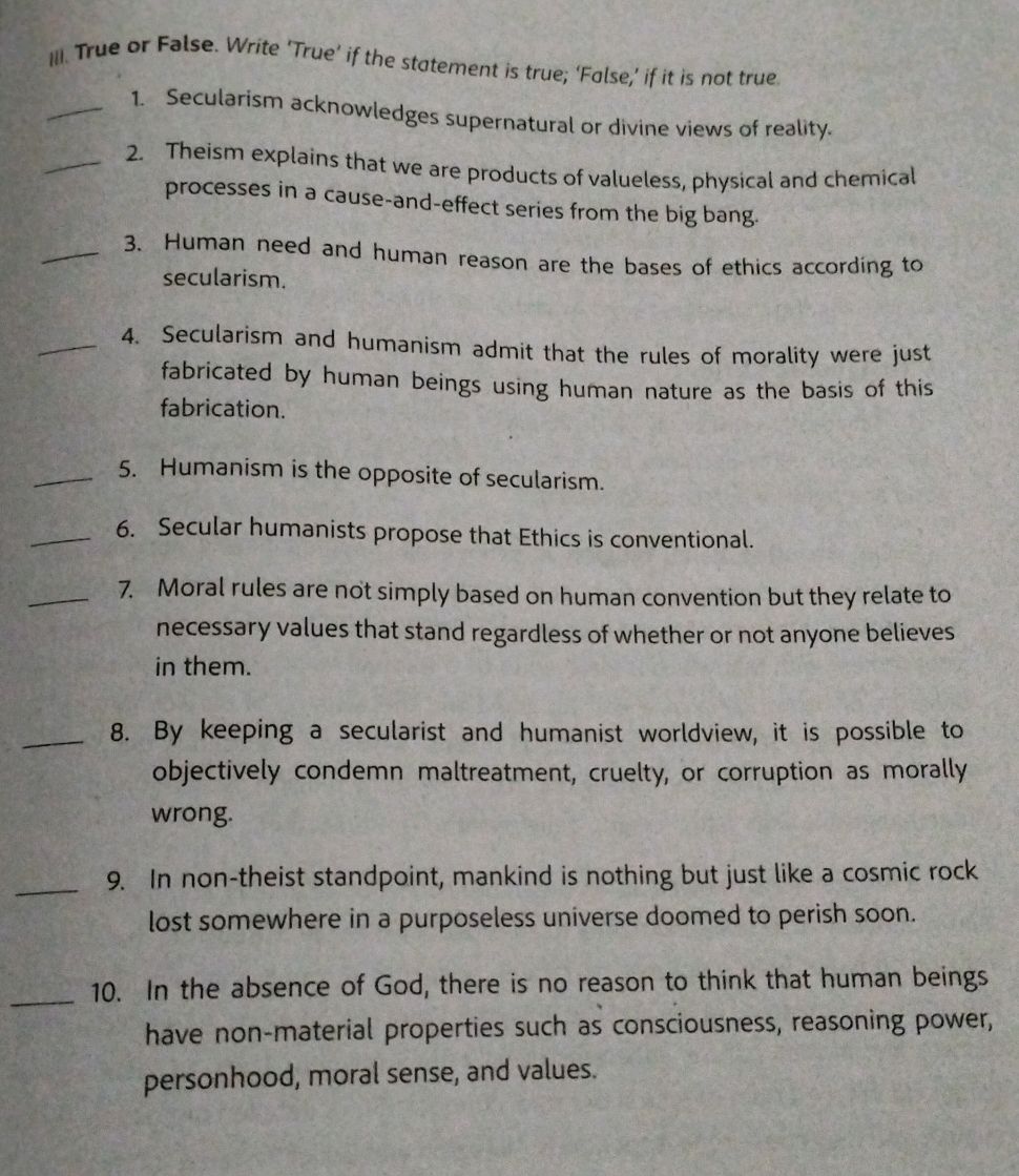 III. True or False. Write 'True' if the | StudyX