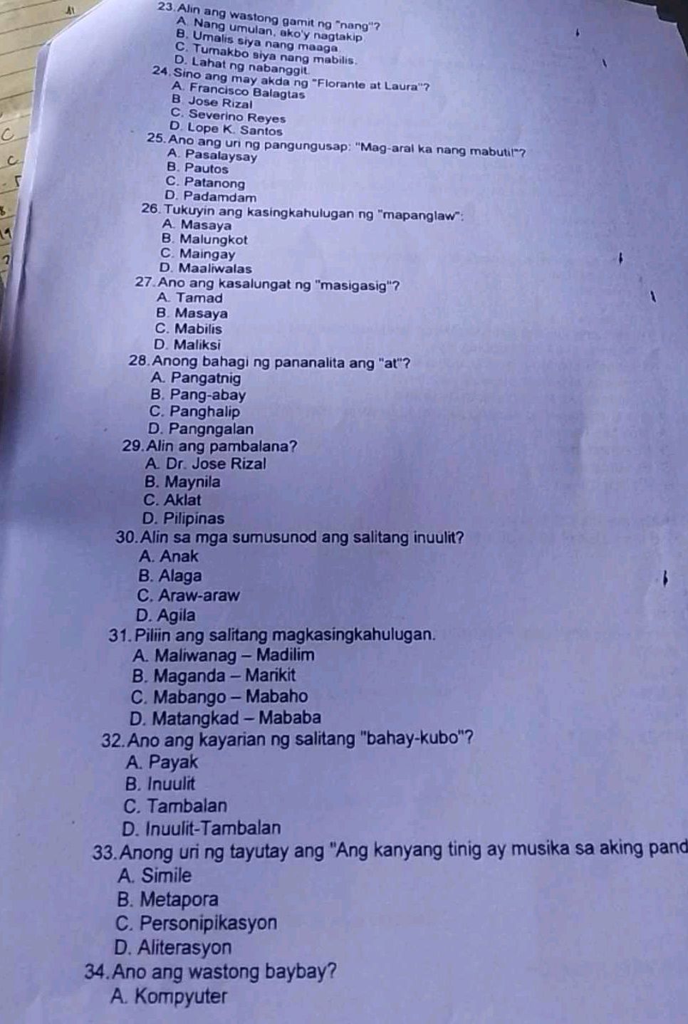 23. Alin ang wastong gamit ng "nang"? A. | StudyX