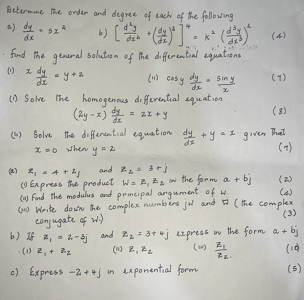 Determine the order and degree of each of | StudyX
