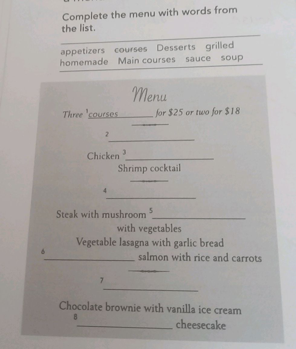 Complete the menu with words from the list. | StudyX