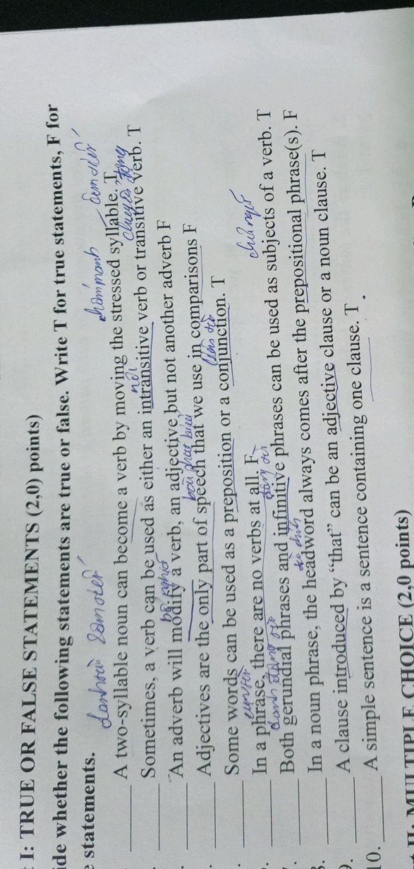 I: TRUE OR FALSE STATEMENTS (2,0) points) | StudyX