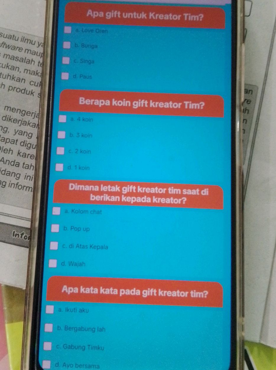 Apa gift untuk Kreator Tim? a. Love Oren | StudyX