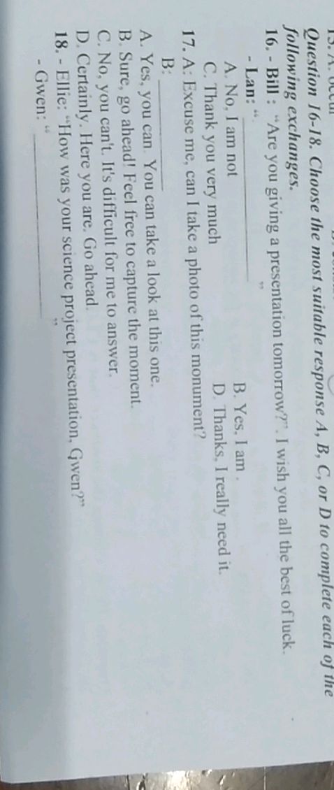 Question 16-18. Choose the most suitable | StudyX