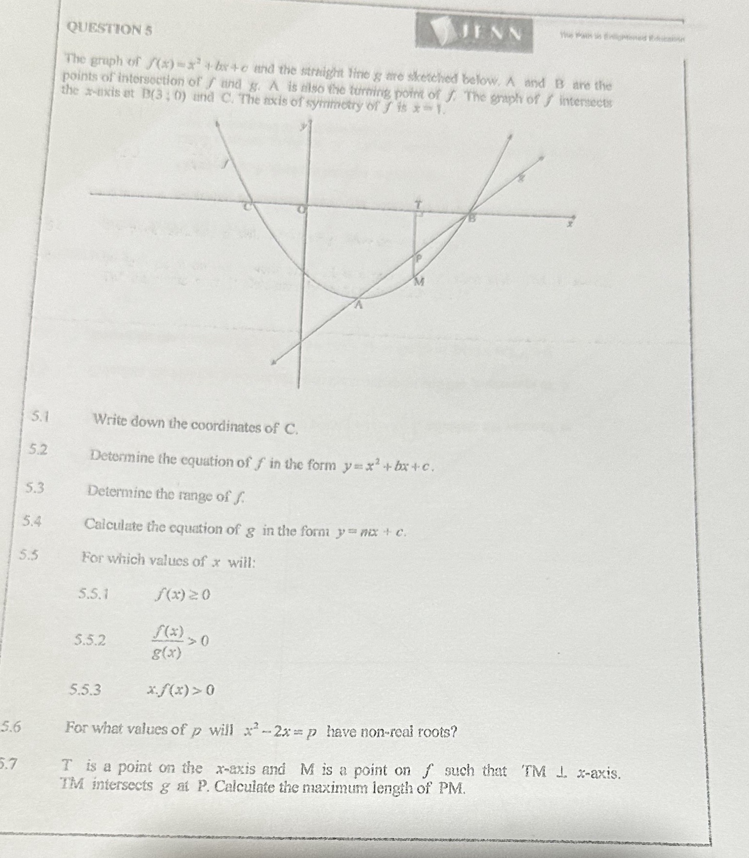 QUESTION 5 The graph of $f(x) = x^2 + bx + | StudyX