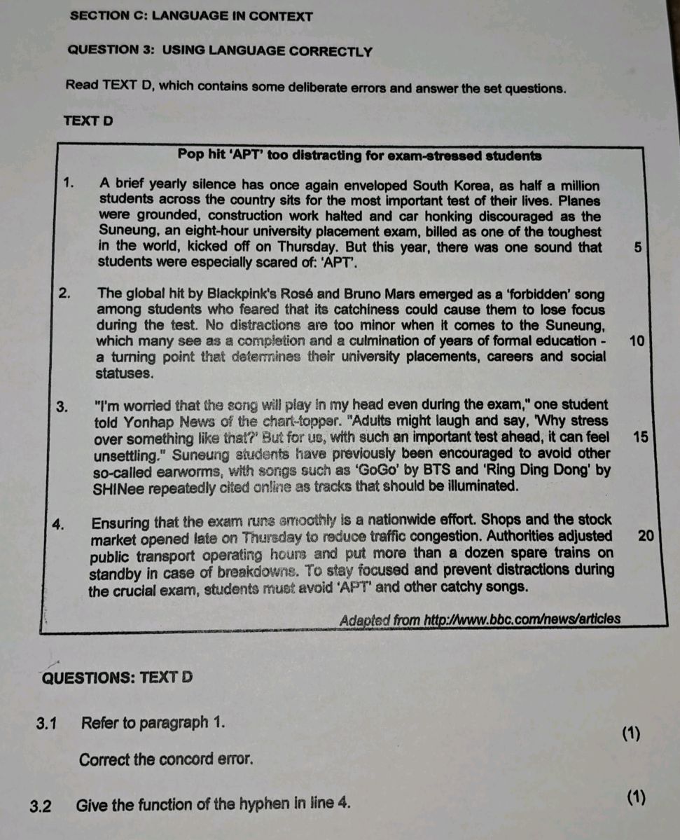 SECTION C: LANGUAGE IN CONTEXT QUESTION 3: | StudyX