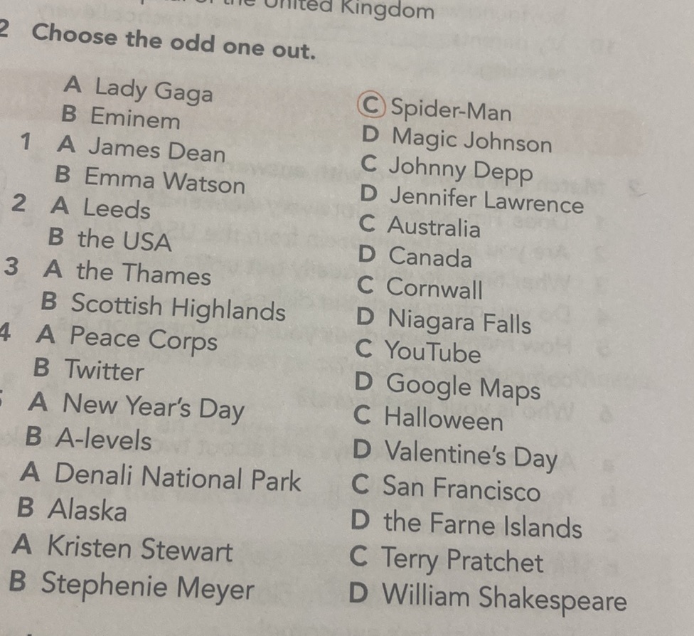 2 Choose the odd one out. A Lady Gaga B | StudyX