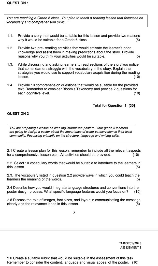 QUESTION 1 You are teaching a Grade 6 | StudyX