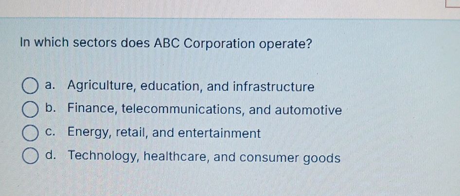In which sectors does ABC Corporation | StudyX