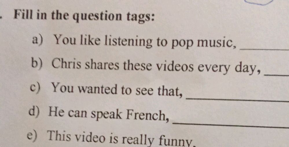 Fill in the question tags: a) You like | StudyX