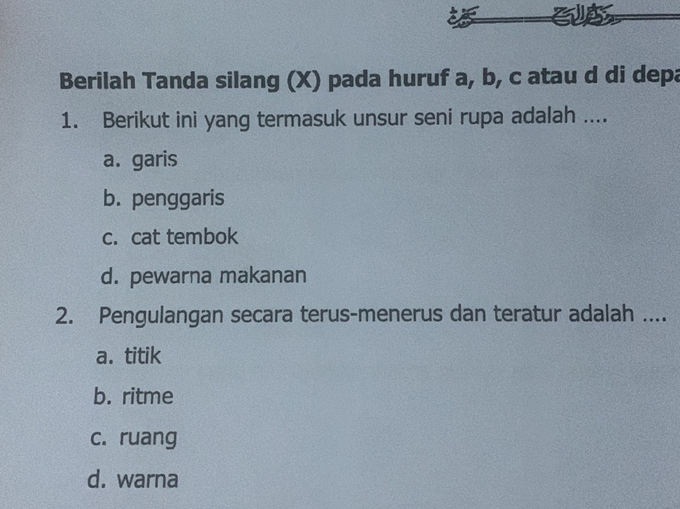 1. Berikut ini yang termasuk unsur seni rupa | StudyX