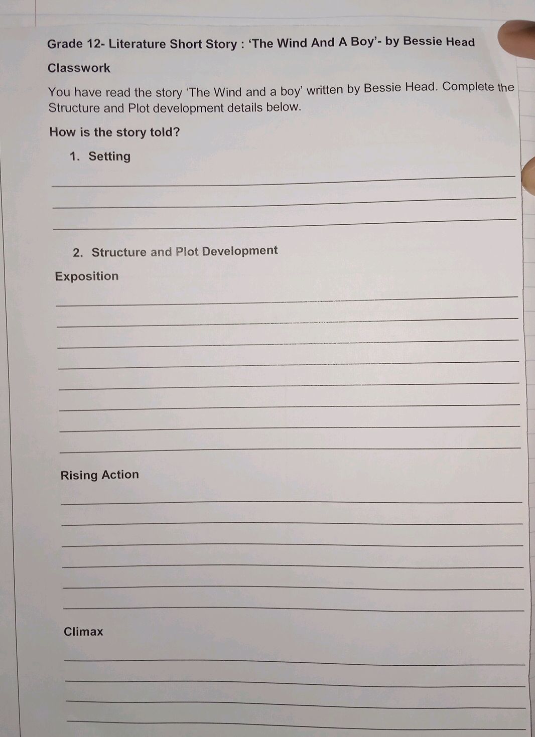 Grade 12- Literature Short Story: 'The Wind