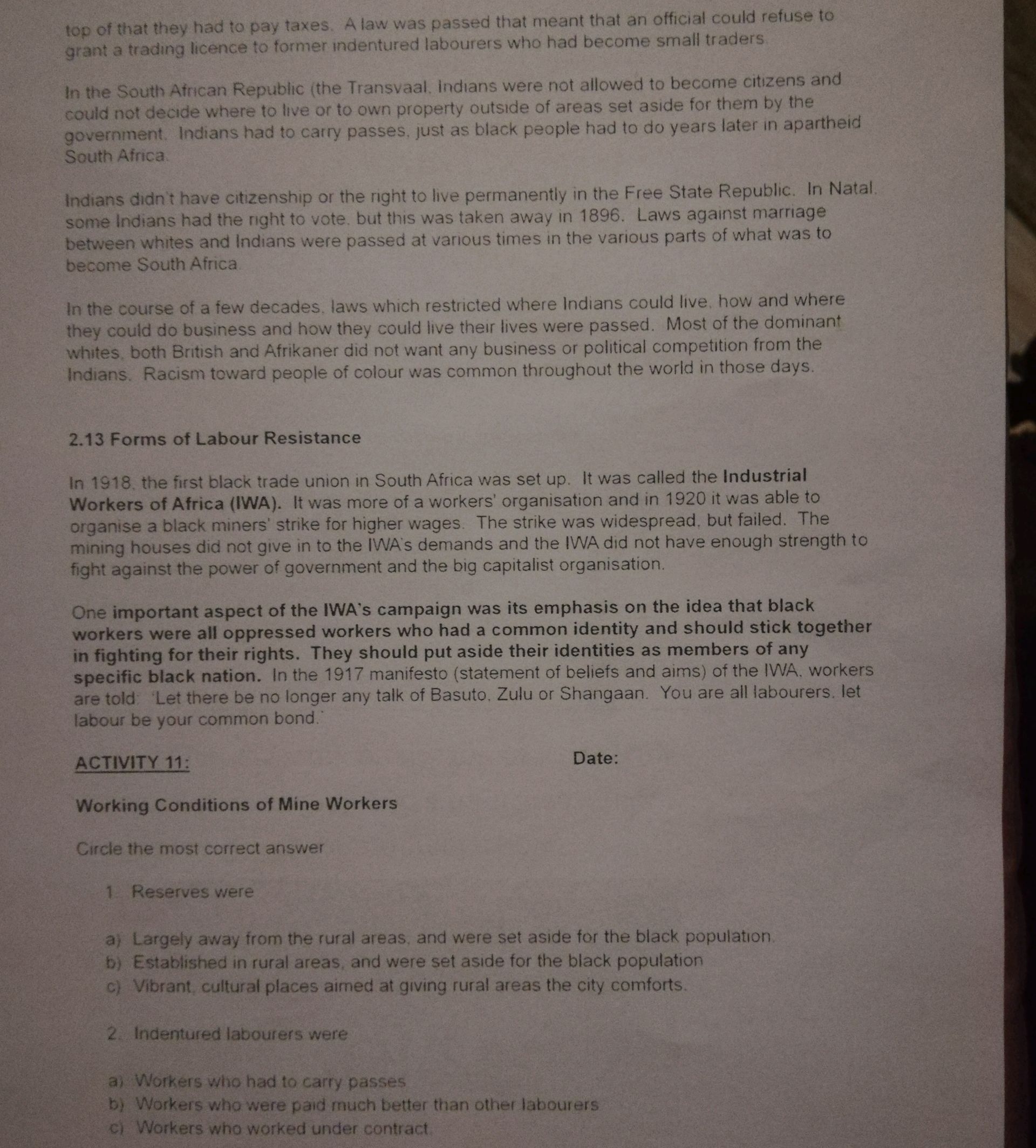 ACTIVITY 11: Working Conditions of Mine | StudyX