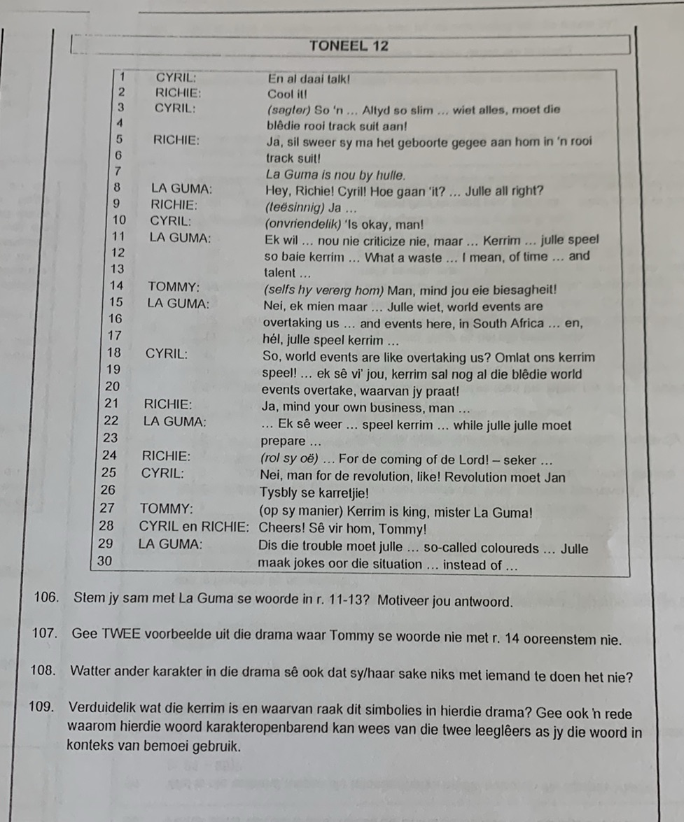 106. Stem jy sam met La Guma se woorde in r. | StudyX