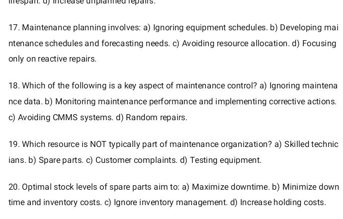 17. Maintenance planning involves: a) | StudyX