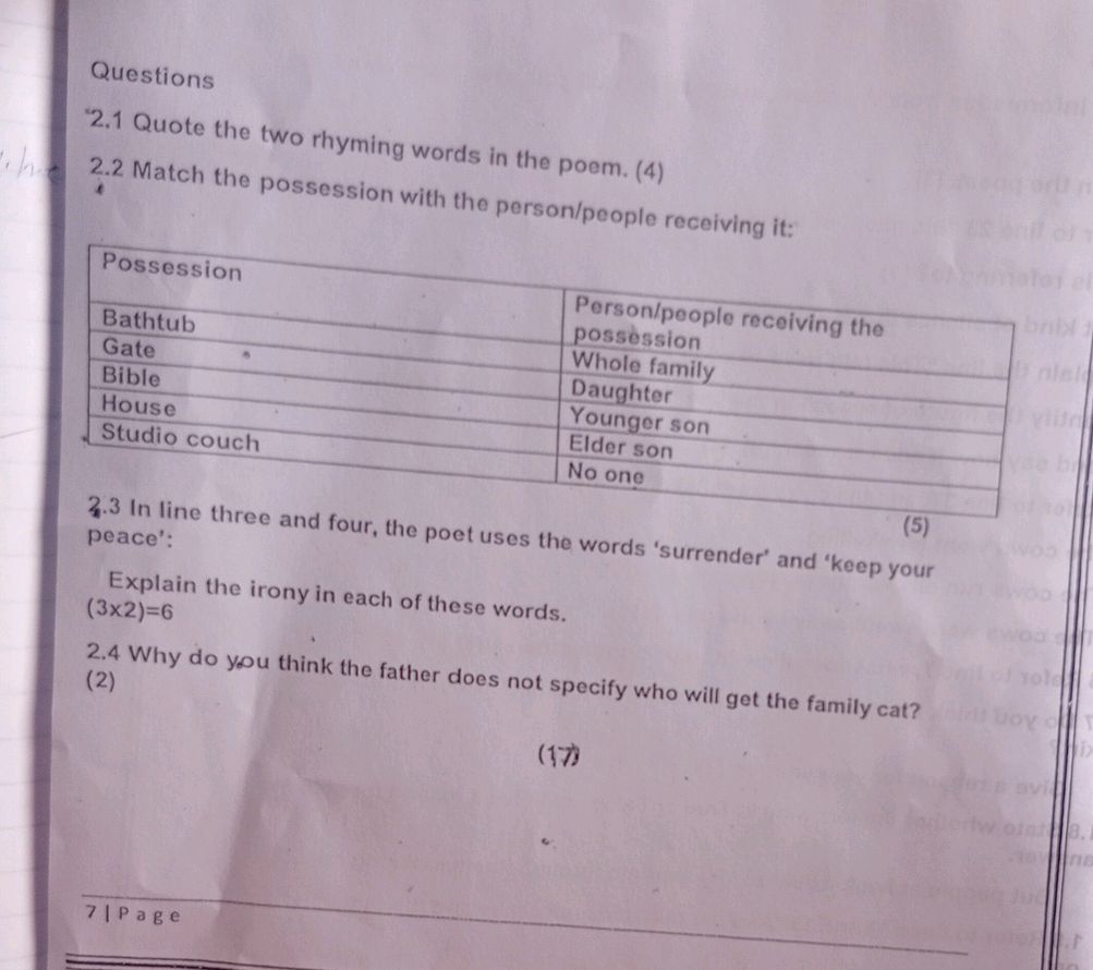 2.1 Quote the two rhyming words in the poem. | StudyX