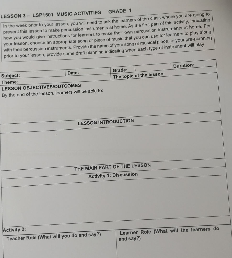 LESSON 3 - LSP1501 MUSIC ACTIVITIES GRADE 1 | StudyX