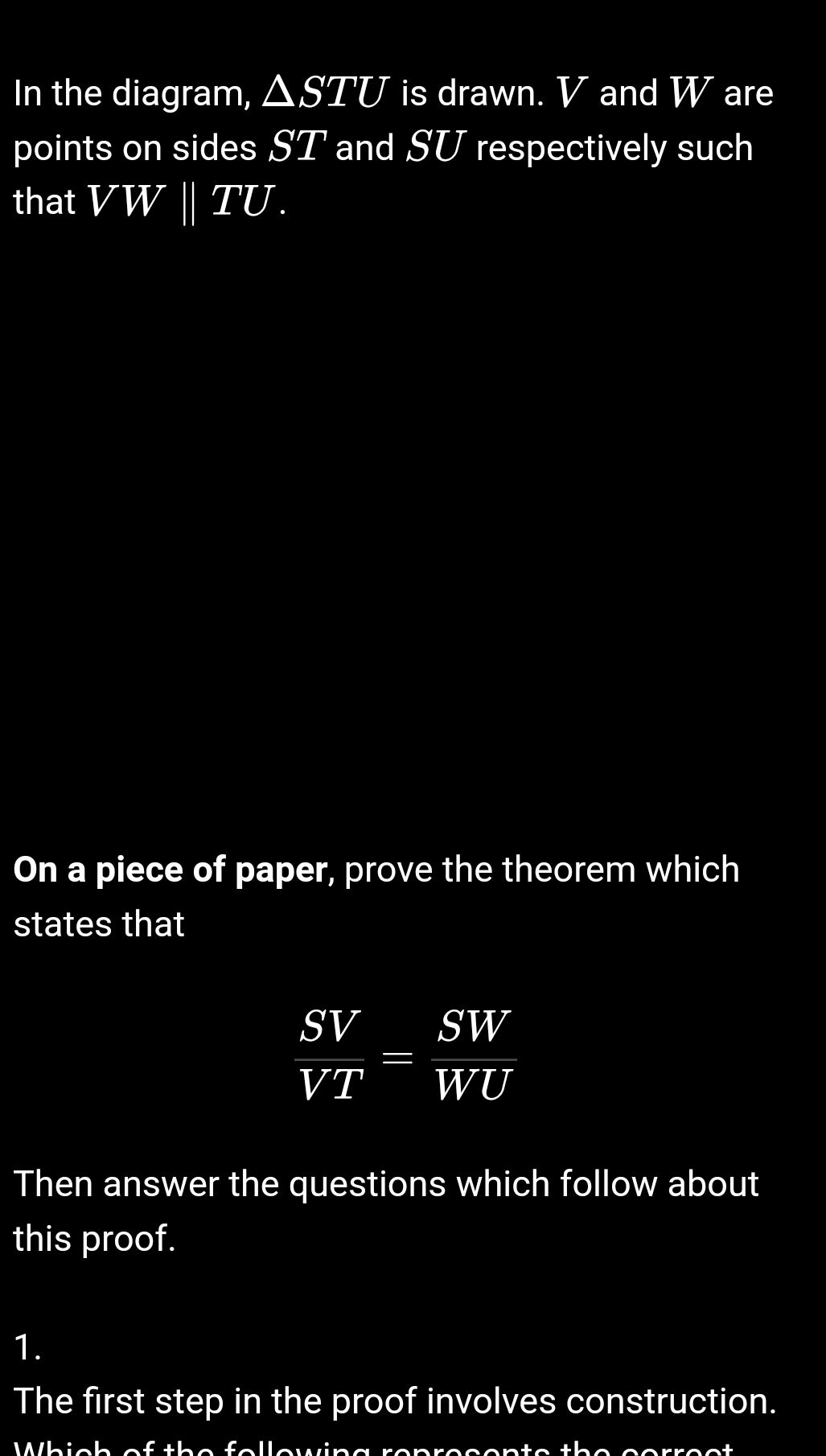 In the diagram, $ STU$ is drawn. V and W | StudyX