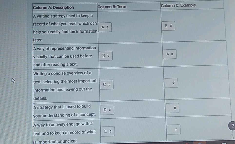 | Column A: Description | Column B: Term | | StudyX