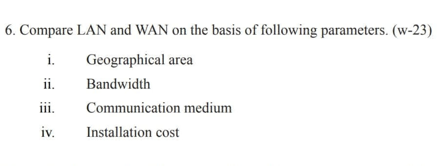 6. Compare LAN and WAN on the basis of | StudyX