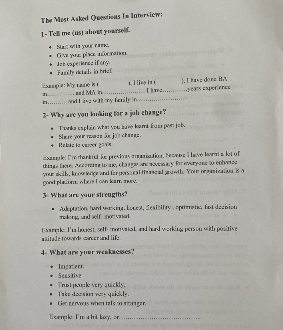 The Most Asked Questions In Interview: 1- | StudyX