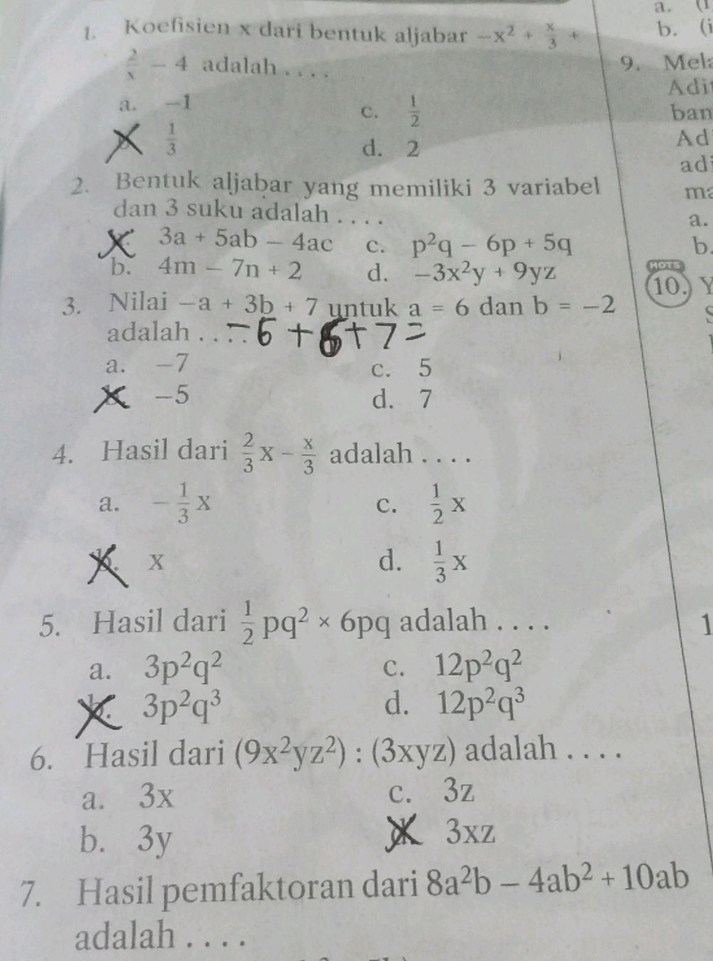 1. Koefisien x dari bentuk aljabar $-x^2 + | StudyX