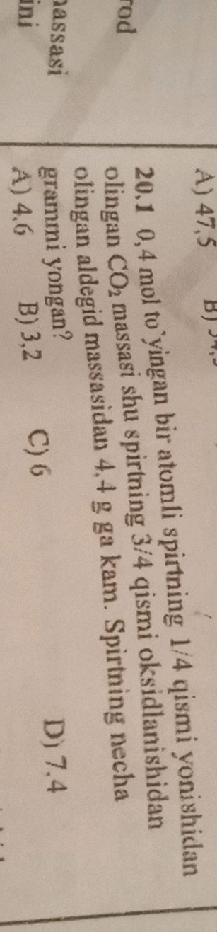 20.1 0,4 mol to'yingan bir atomli spirtning | StudyX