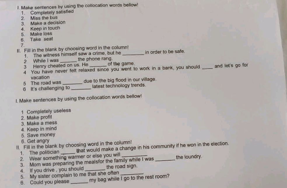 I. Make sentences by using the collocation | StudyX