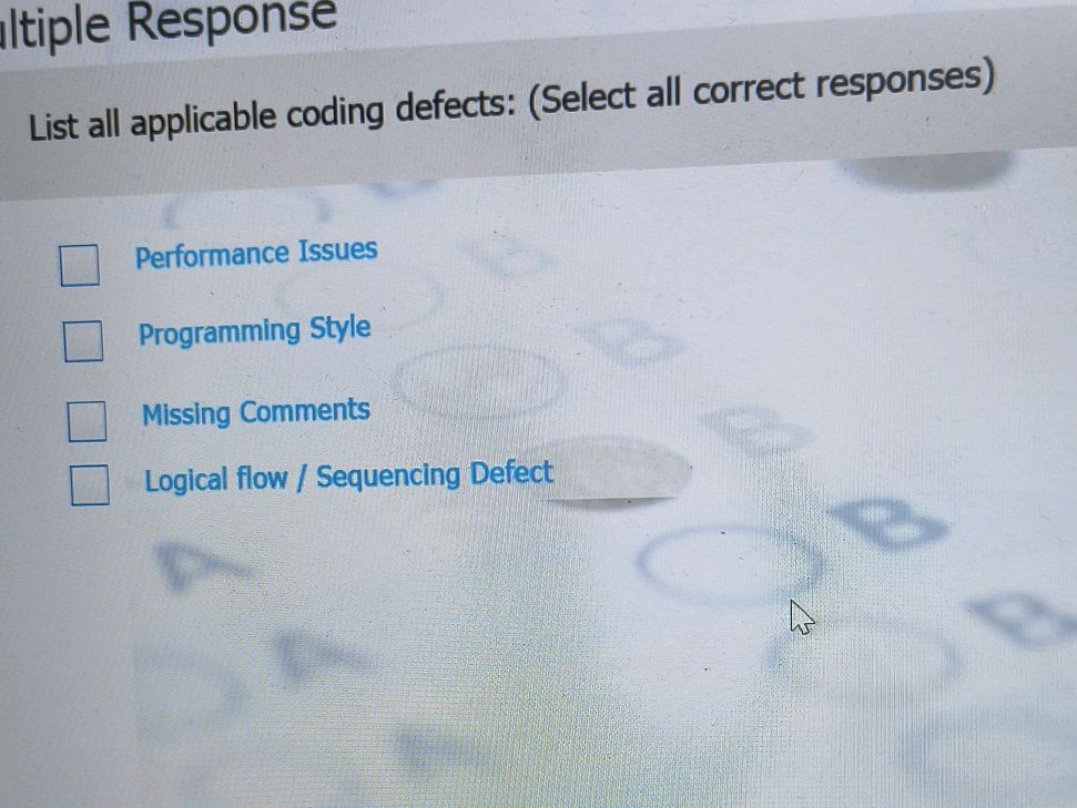 List all applicable coding defects: (Select | StudyX