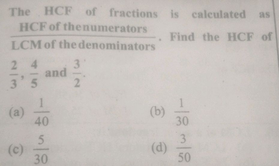 The HCF of fractions is calculated as \( | StudyX