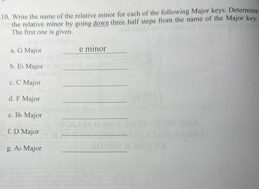 10. Write the name of the relative minor for | StudyX