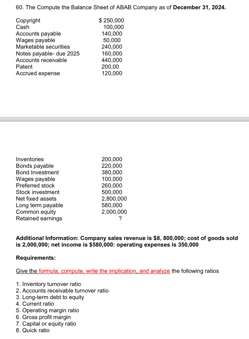 60. The Compute the Balance Sheet of ABAB | StudyX