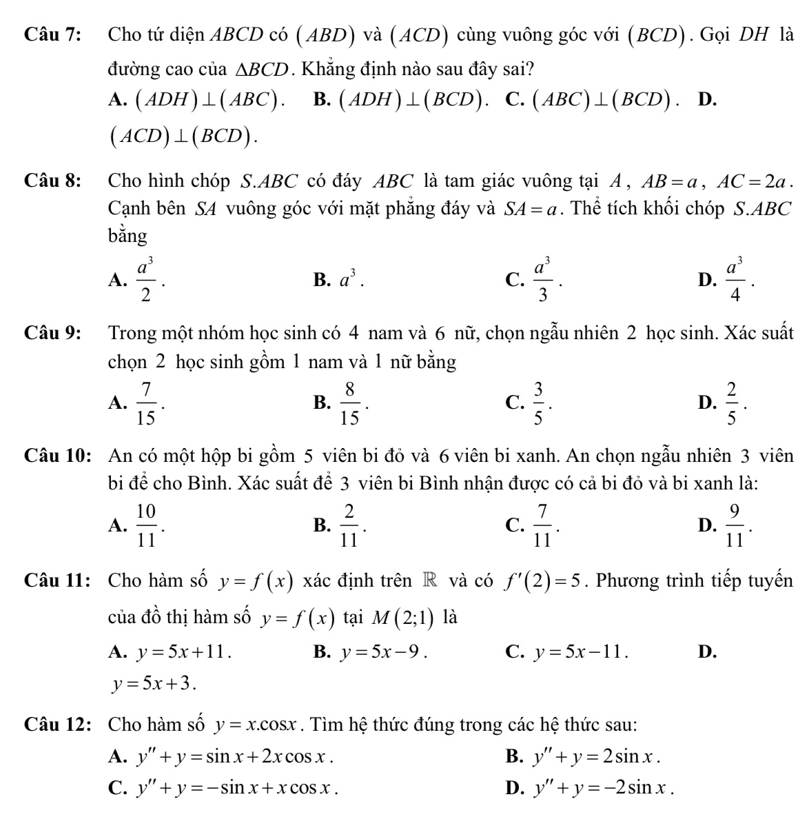 Câu 7: Cho tứ diện ABCD có (ABD) và (ACD) | StudyX
