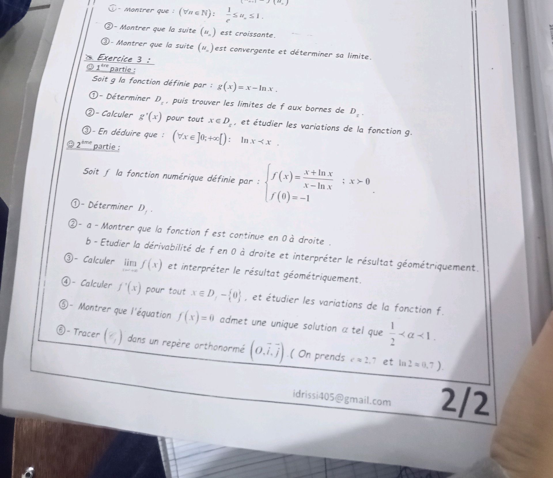 Exercice 3: 1ère partie : Soit g la fonction | StudyX