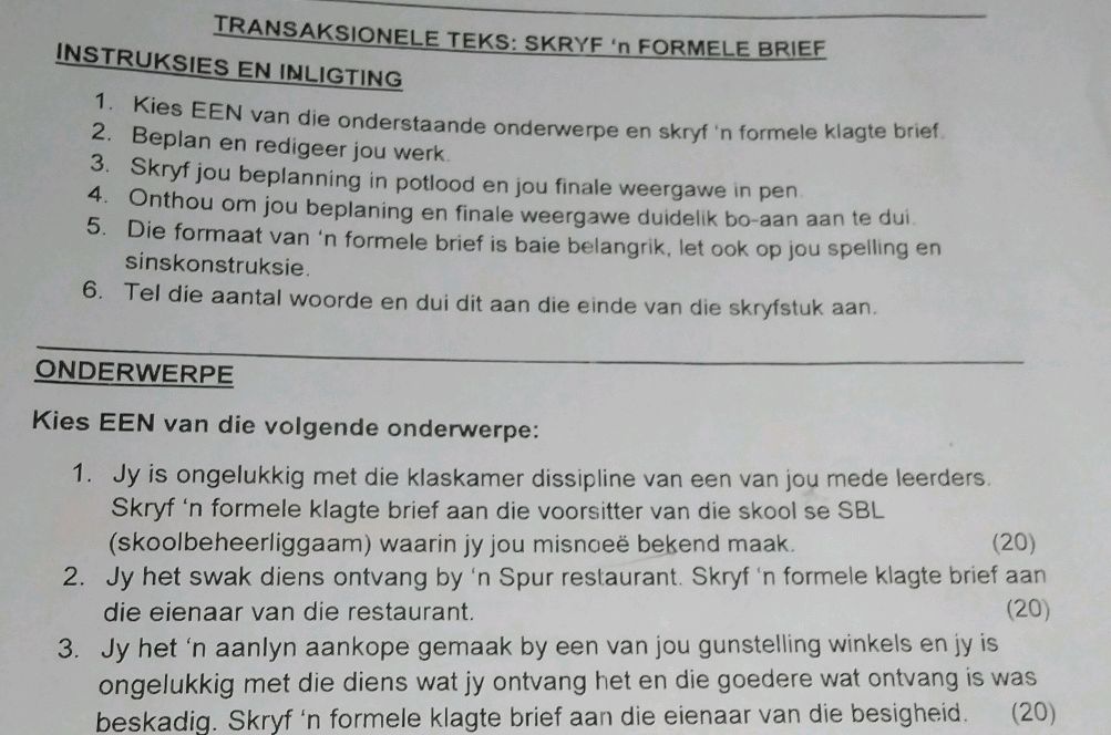 TRANSAKSIONELE TEKS: SKRYF 'n FORMELE BRIEF | StudyX