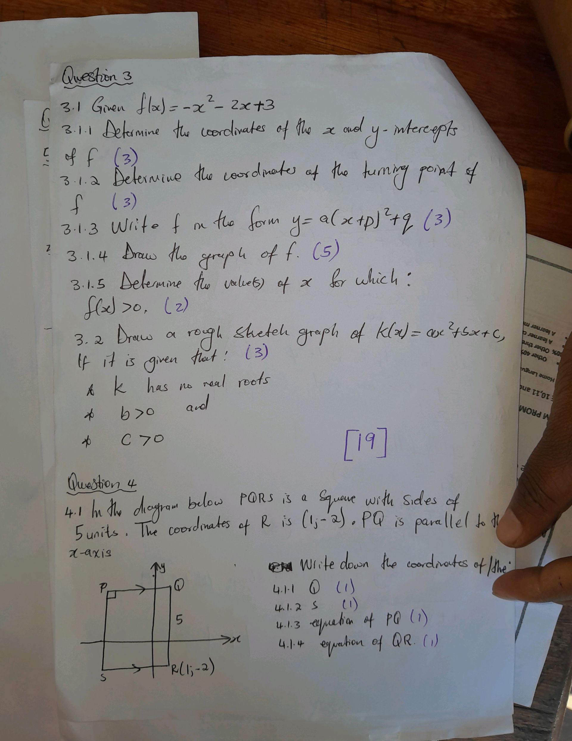 Question 3 3.1 Given $f(x) = -x^2 - 2x + 3$ | StudyX