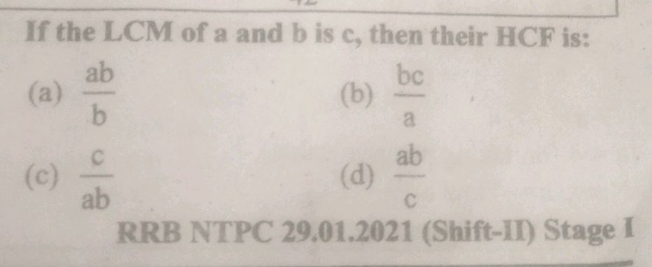 If the LCM of a and b is c, then their HCF | StudyX