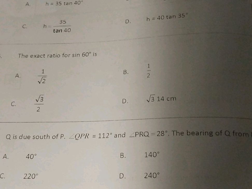 The exact ratio for sin 60° is A. $ {1}{ | StudyX