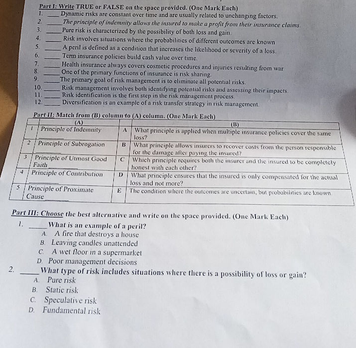 Part I: Write TRUE or FALSE on the space | StudyX