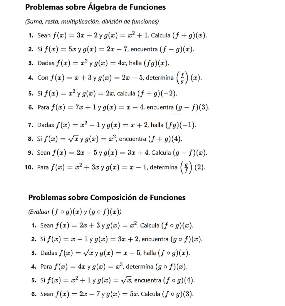 Problemas sobre Álgebra de Funciones (Suma, | StudyX