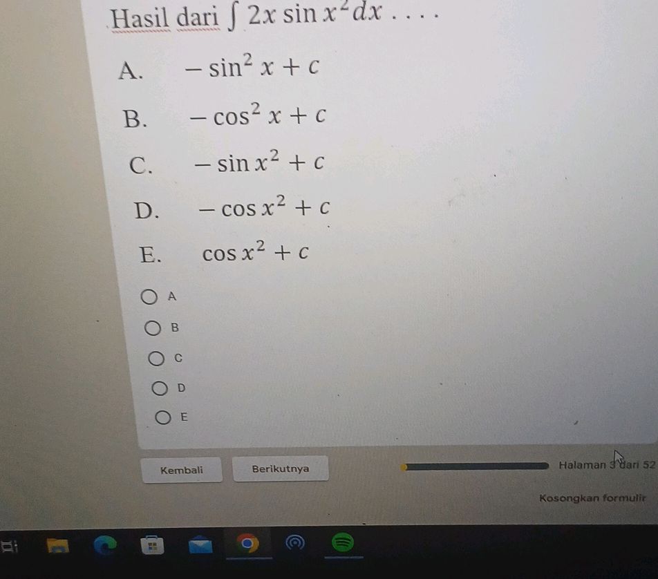 Hasil dari $ 2x x^2 dx$.... A. $- ^2 x + | StudyX