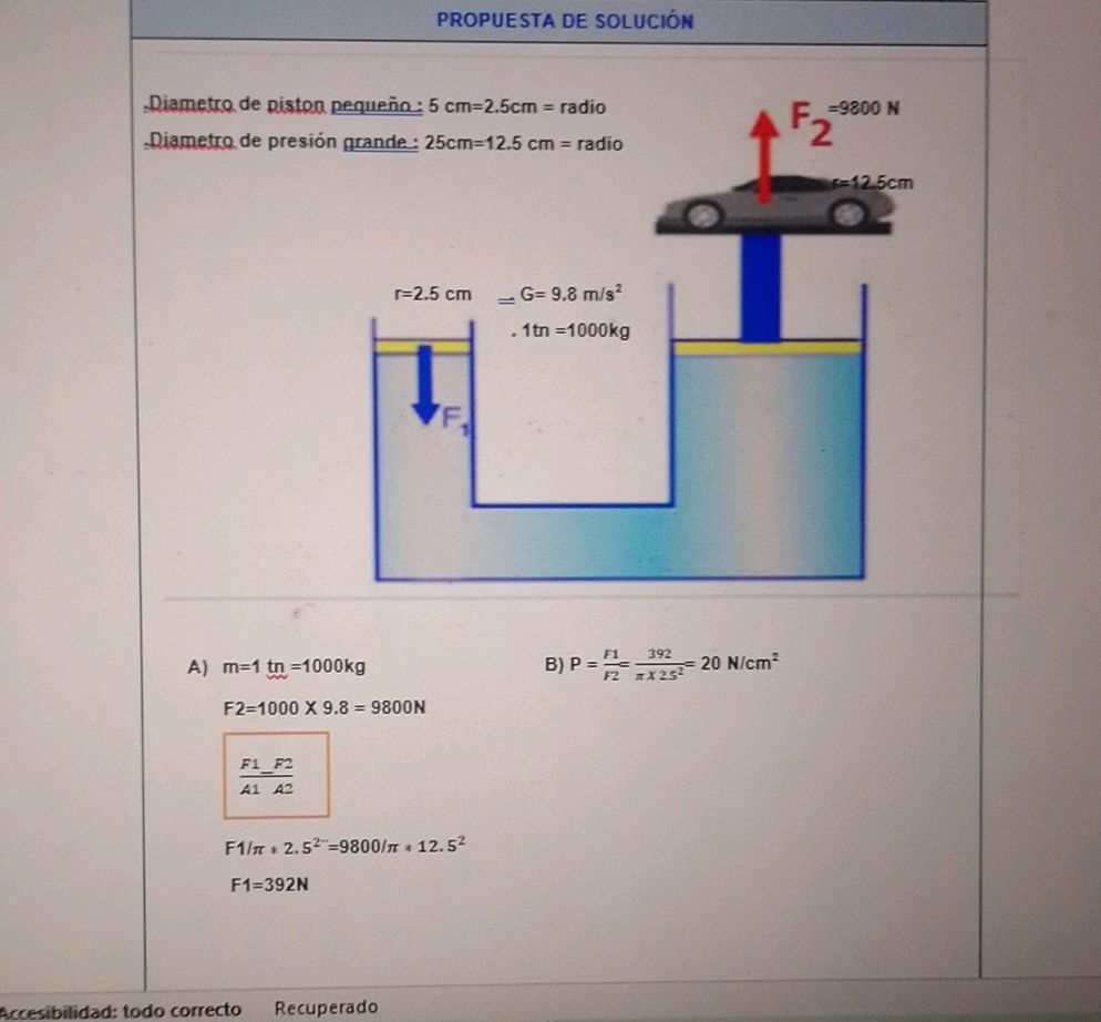 Diametro de piston pequeño: 5 cm=2.5cm = | StudyX