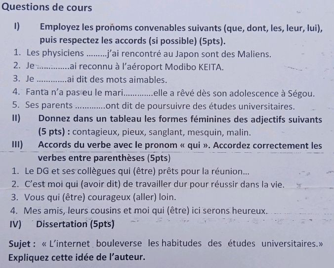 I) Employez les pronoms convenables suivants | StudyX